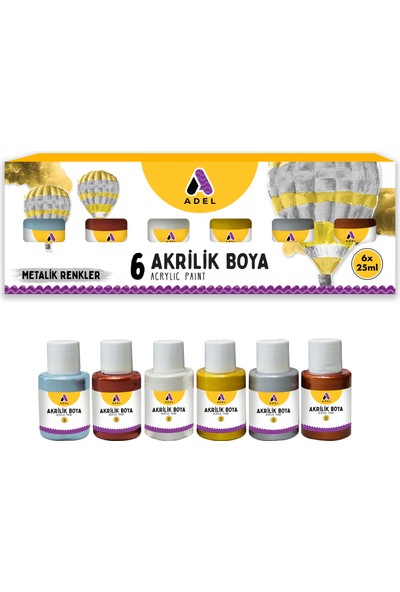 Adel Metalik Renkler Akrilik Boya 25 ml x 6'lı Adel Metalik Renkler Akrilik Boya 25 ml x 6'lı