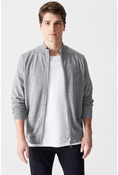 Avva Erkek Gri Dik Yaka Fermuarlı Düz Hırka E005004