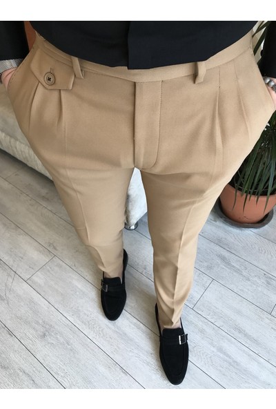 Terzi Adem Italyan Stil Slim Fit Erkek Pileli Kumaş Pantolon Camel T5289