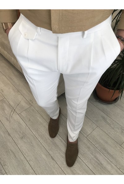 Terzi Adem Italyan Stil Slim Fit Erkek Pileli Kumaş Pantolon Beyaz T5290