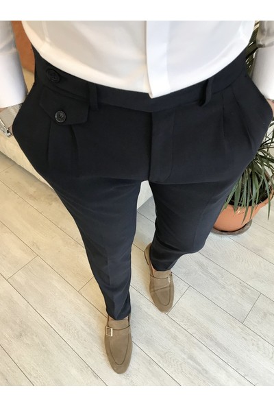 Terzi Adem Italyan Stil Slim Fit Erkek Pileli Kumaş Pantolon Lacivert T5288