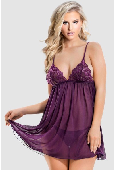 Ifondi Tül Babydoll Gecelik Takım Mor