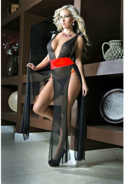 Ifondi Kırmızı Kuşaklı Yırtmaçlı Fantazi Gecelik