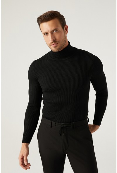 D'S Damat Twn Slim Fit Siyah Ribana Örgü Kazak