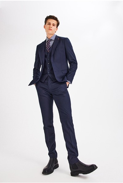 Twn Slim Fit Lacivert Çizgili Yelekli Takım Elbise