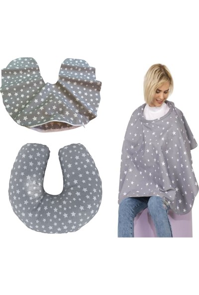 Dekorix 3 Lü Set Emzirme Yastığı ve Kılıfı + Emzirme Önlüğü Gri Yıldızlı 70 x 60 cm Büyük Boy