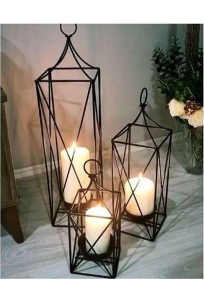 İliva Dekoratif 3'lü Siyah Ferforje Kafes Fener Mumluk - Büyük Boy