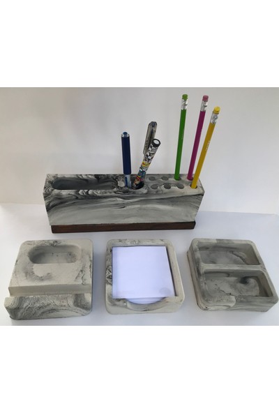 Beton Evi Mermer Görünümlü Beton Ofis Masa Üstü Seti Beton Evi Mermer Görünümlü Beton Ofis Masa Üstü Seti