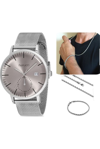 Ferrucci Takvimli Çelik Kol Saat+Çelik Kolye Bileklik Set