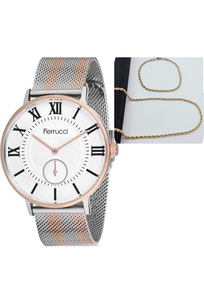 Ferrucci Çelik Erkek Saat+Çelik Kolye Bieklik Seti