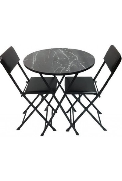 Tubix Siyah Mermer Desenli Yuvarlak Masa Sandalye Takımı