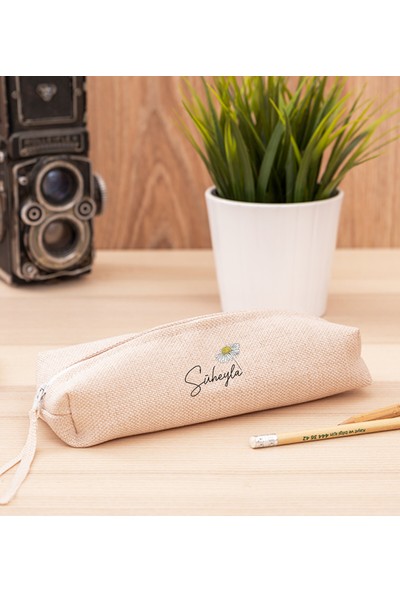 Hediye Dükkanı Kişiye Özel Papatya Tasarımlı Isimli Keten Bez Kalemlik