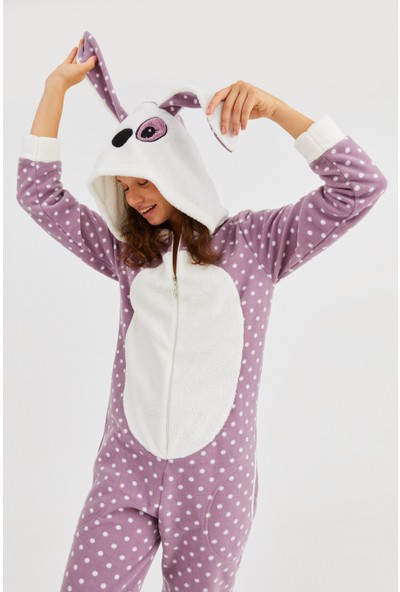 Ecrou Kadın Lila Tavşan Puanlı Arka Fermuarlı Polar Tulum