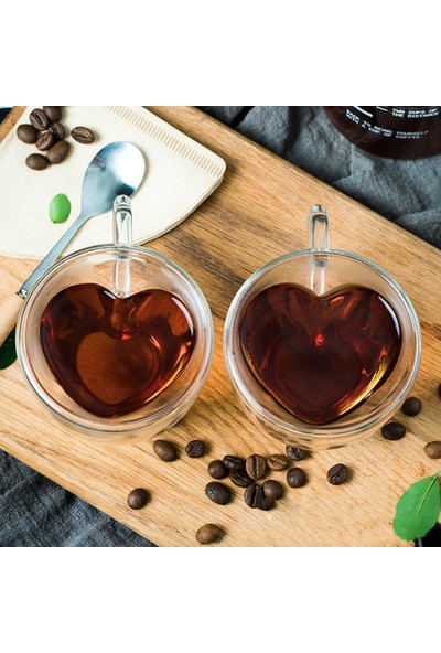 Linan Ware 2'li Set Çift Cidarlı Cam Bardak Kalp Tasarımlı Kupa 250 ml Linan Ware 2'li Set Çift Cidarlı Cam Bardak Kalp Tasarımlı Kupa 250 ml