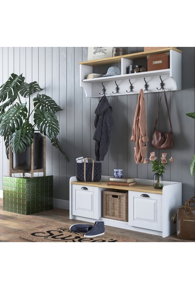 Rani P2 Modern Portmanto Ayakkabılık ve Duvar Askısı Beyaz Açık Ceviz Vestiyer M1 Rani P2 Modern Portmanto Ayakkabılık ve Duvar Askısı Beyaz Açık Ceviz Vestiyer M1