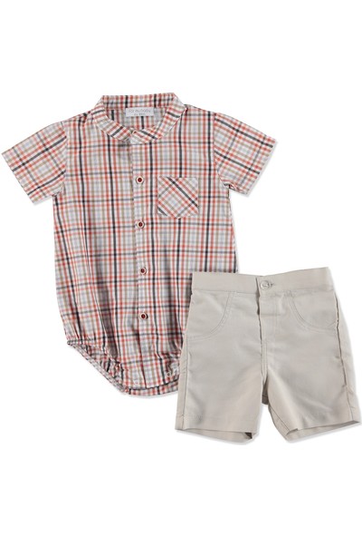 For My Baby Yaz Erkek Bebek Ekose Poplin Hakim Yaka 2'li Gömlek Body-Şort Takım