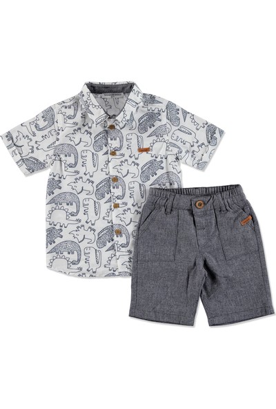 Midimod Yaz Erkek Bebek Benekli Gabardin Şort - Kısa Kol Dokuma Gömlek Takım