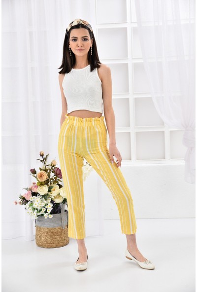 Shewky Kadın Günlük Çizgili Keten Pantolon