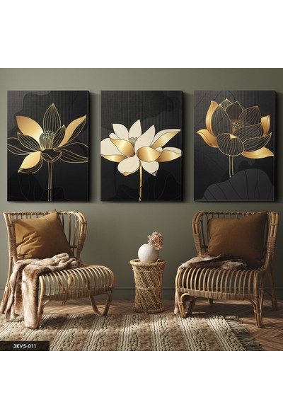 Evine Moda Gold Çiçekler 3 Parça Kanvas - Canvas Tablo Evine Moda Gold Çiçekler 3 Parça Kanvas - Canvas Tablo