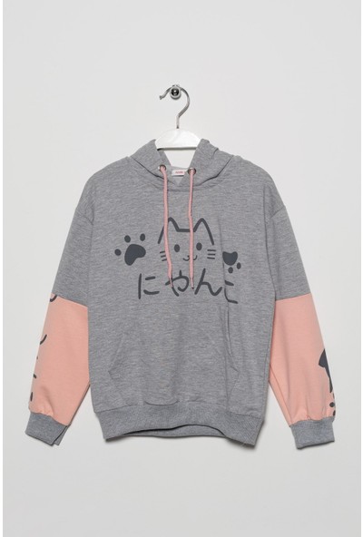 Zepkids Kız Çocuk Kedi Baskılı Kanguru Cepli Sweatshirt 9-12 Yaş