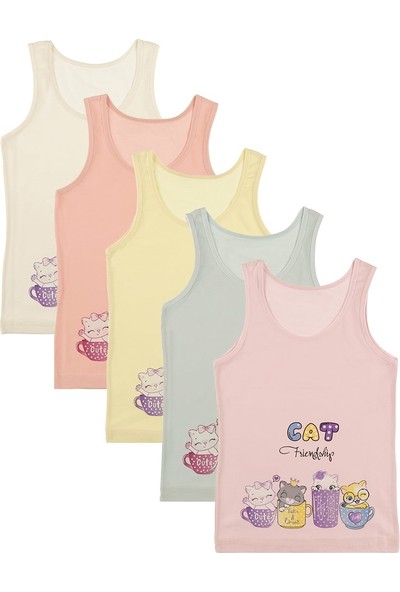 Donella 5'li Renkli Kedi Baskılı Kız Çocuk Atlet - 4971EY