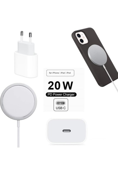 Apple Iphone 11/11 Pro/ 12 Pro Max/ 12 Mini Kablosuz Magsafe Manyetik Şarj Ve 20W Adaptör Seti Apple Iphone 11/11 Pro/ 12 Pro Max/ 12 Mini Kablosuz Magsafe Manyetik Şarj Ve 20W Adaptör Seti