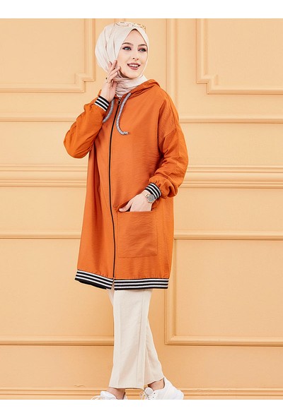 Tofisa Fermuarlı Kapüşonlu Tunik - Taba - Tofisa