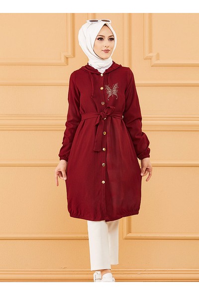 Tofisa Taşlı Düğmeli Tunik - Bordo - Tofisa