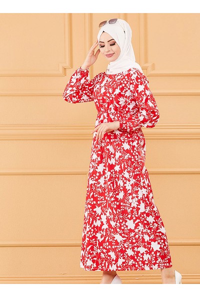 Tofisa Beli Büzgülü Desenli Elbise - Kırmızı - Tofisa