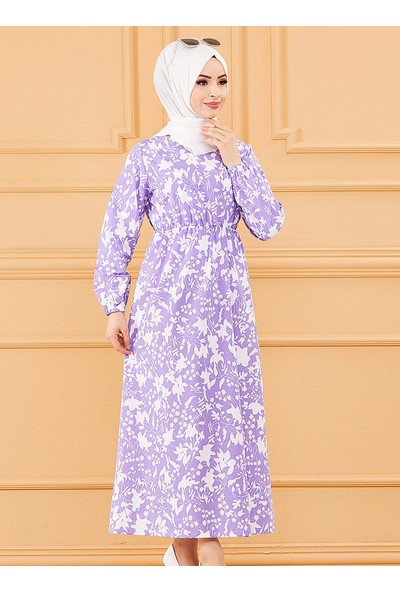 Tofisa Beli Büzgülü Desenli Elbise - Lila - Tofisa