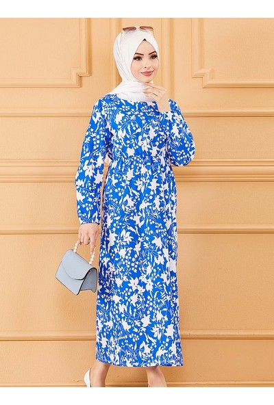 Tofisa Beli Büzgülü Desenli Elbise - Saks - Tofisa