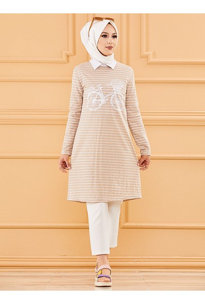 Tofisa Çizgili Tunik - Vizon - Tofisa