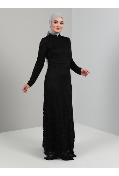 Tavin Hakim Yaka Payetli Tesettür Abiye Elbise - Siyah - Tavin