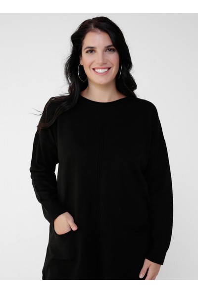 Alia Büyük Beden Cep Detaylı Triko Tunik - Siyah - Alia