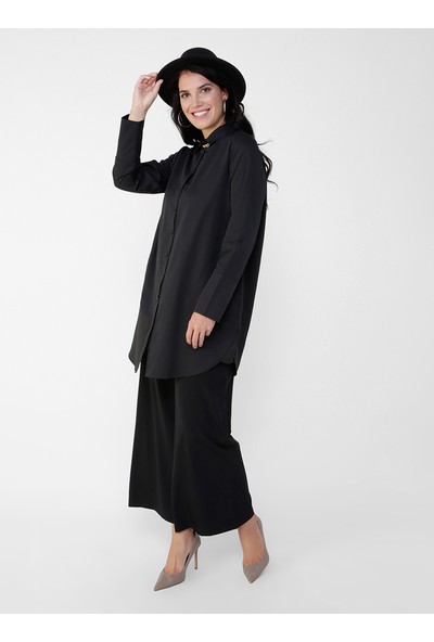 Alia Büyük Beden Pamuk Karışımlı Gömlek Tunik - Siyah - Alia