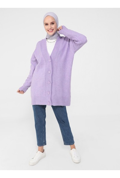 Refka Düğme Detaylı Triko Hırka - Lila - Refka Casual