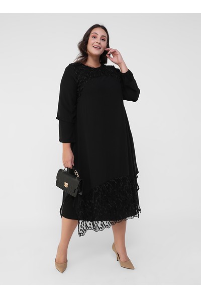 Alia Büyük Beden Dantel Detaylı Astarlı Elbise - Siyah - Alia Alia Büyük Beden Dantel Detaylı Astarlı Elbise - Siyah - Alia
