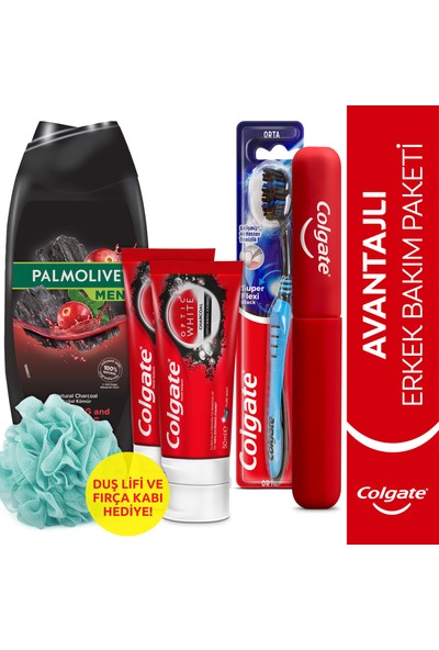 Colgate Diş Macunu 50 ml X2, Orta Diş Fırçası, Palmolive Men Duş Jeli 500 ml +Fırça Kabı&duş Lifi Colgate Diş Macunu 50 ml X2, Orta Diş Fırçası, Palmolive Men Duş Jeli 500 ml +Fırça Kabı&duş Lifi