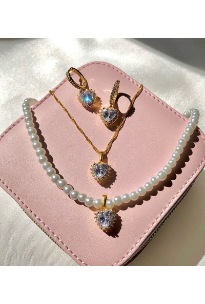 Soiestore Beyaz Inci Kolye Swarovski Taşlı Zirkon Kalpli Kolye Küpe Set