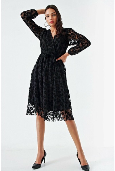 Elbise Budur Sarebutik Siyah Flog Baskı Midi Boy Elbise