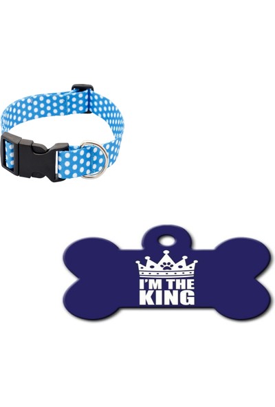 Altın Pati Mavi Puantiyeli Köpek Tasması+ I M The King Çelik Kaplama Künye
