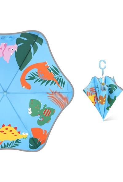 Zsykd Çizgi Film Çocuk Yağmur ve Güneş Çift Kullanımlı Şemsiye (Dinozor Dünya Mavi) (Yurt Dışından)