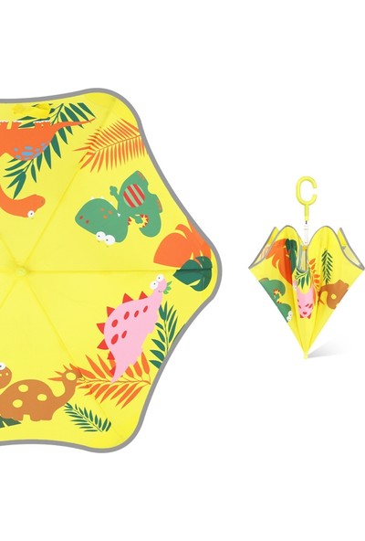 Zsykd Çizgi Film Çocuk Yağmur ve Güneş Çift Kullanımlı Şemsiye (Dinozor Dünya Sarı) (Yurt Dışından)