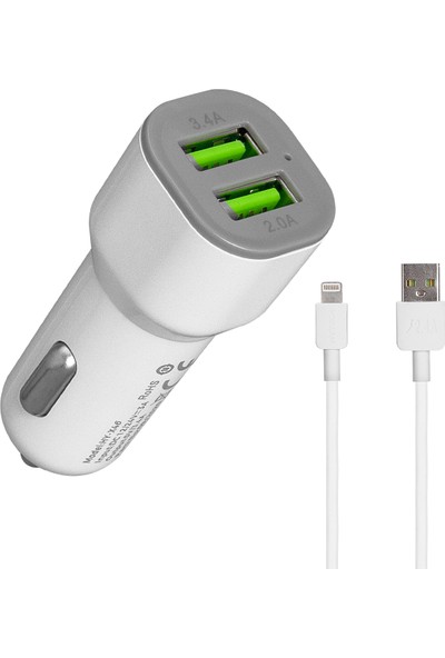 Hytech HY-X44 3.4A Hızlı Şarj iPhone Kablolu 2 USB Beyaz Araç Şarj Cihazı iPhone Şarj Kablosu Hytech HY-X44 3.4A Hızlı Şarj iPhone Kablolu 2 USB Beyaz Araç Şarj Cihazı iPhone Şarj Kablosu