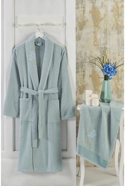 Semecca Nakışlı Havlu ve Bornoz Seti - Mint Semecca Nakışlı Havlu ve Bornoz Seti - Mint