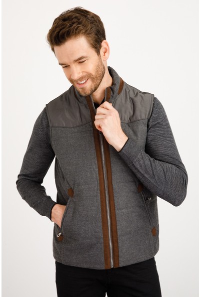 Desen Triko Erkek Kapitone Süet Biyeli Yelek Füme