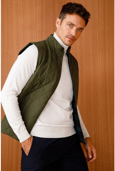 Desen Triko Erkek Klasik Kapitone Yelek Haki