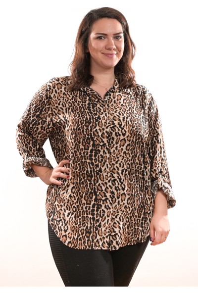 Işıltı fashion Leopar Desenli Büyük Beden Kadın Gömlek