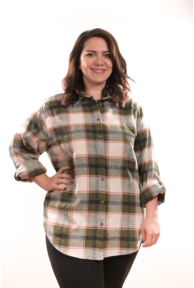 Işıltı fashion Yeşil Kadın Büyük Beden Ekose Oduncu Gömleği