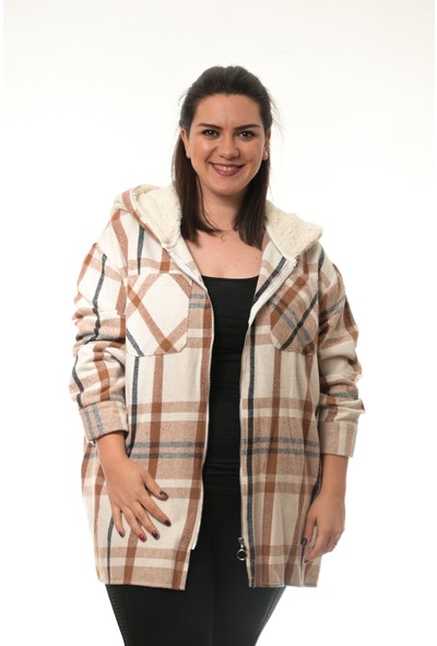 Işıltı fashion Bej Kapüşonlu Ekose Fermuarlı Büyük Beden Oduncu Gömleği